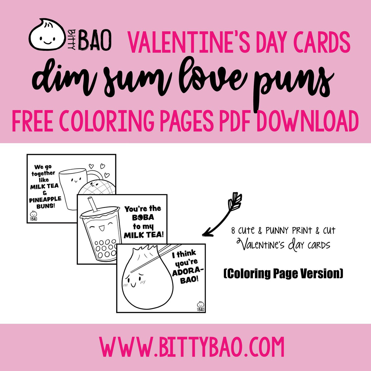 FREE - Bitty Bao Punny Dim Sum Valentine's Day Coloring Sheets PDF